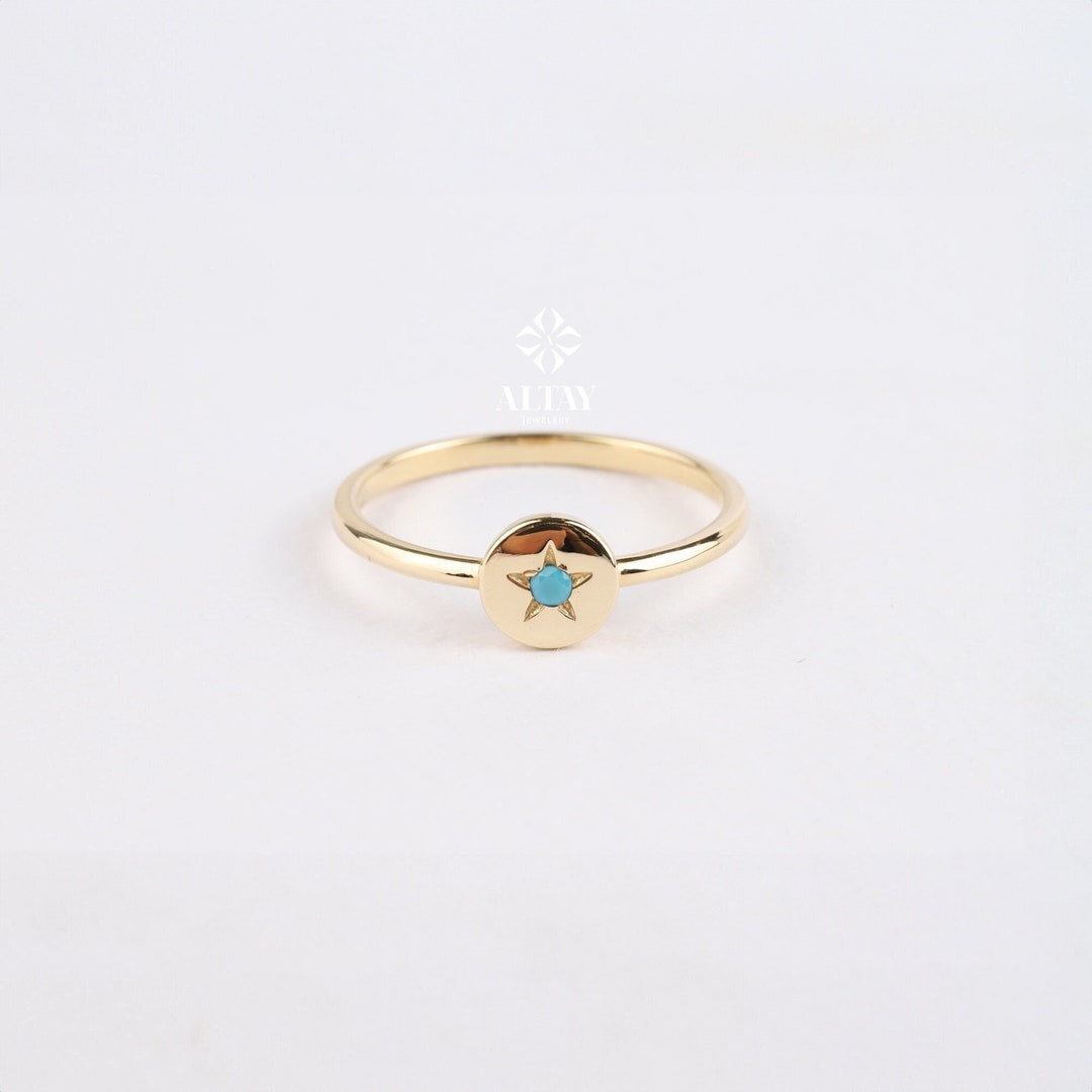 14K Gold Star Ring, Tiny Pinky Star Ring, Turquoise Polar Star Band ...