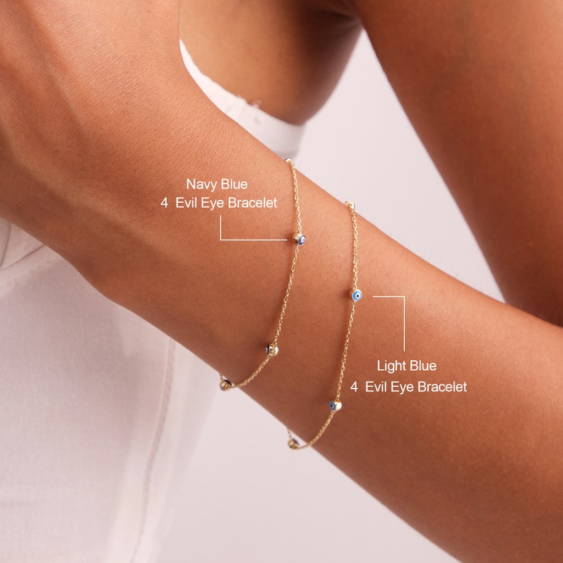 14K Gold Evil Eye Bracelet, Gold Chain Bracelet, Evil Eye Charm ...