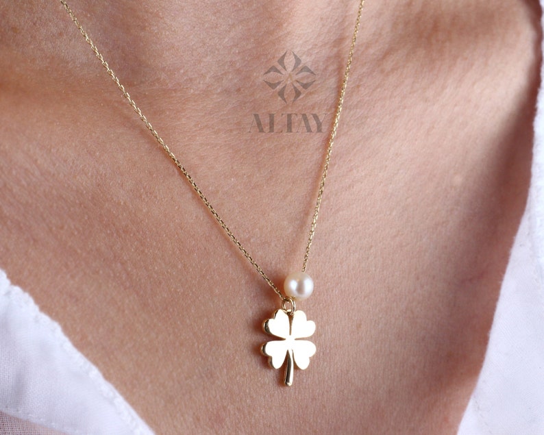 14K Gold Clover Necklace, Dainty Good Luck Pendant, Four Leaf Clover ...