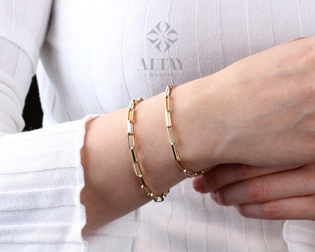14K Solid Gold Paperclip Chain Bracelet, Rectangle Long Chain, Chunky ...