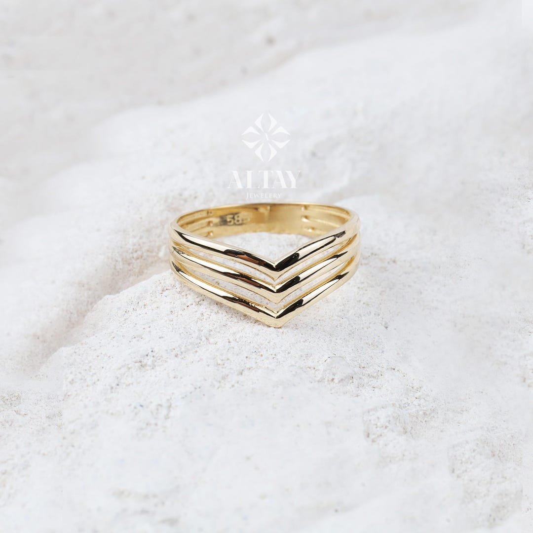 14K Gold Triple Chevron Ring, V Ring, Gold Curved Band, Chevron ...