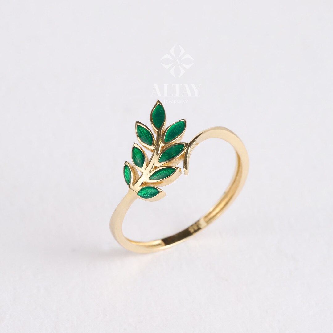 14K Gold Green Leaf Ring. Olive Leaf Ring, Vine Wedding Band, Leaf Branch Ring, Gold Leaf ...