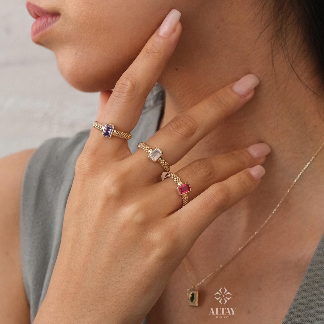 14K Gold Engagement Ring, Popcorn Band Gold Baguette Ring, Gemstone ...