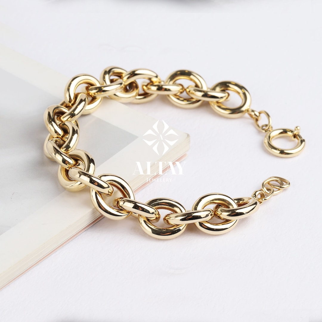 14K Gold Paperclip Rolo Chain Bracelet, Oval Rectangle Paper Clip Chain ...