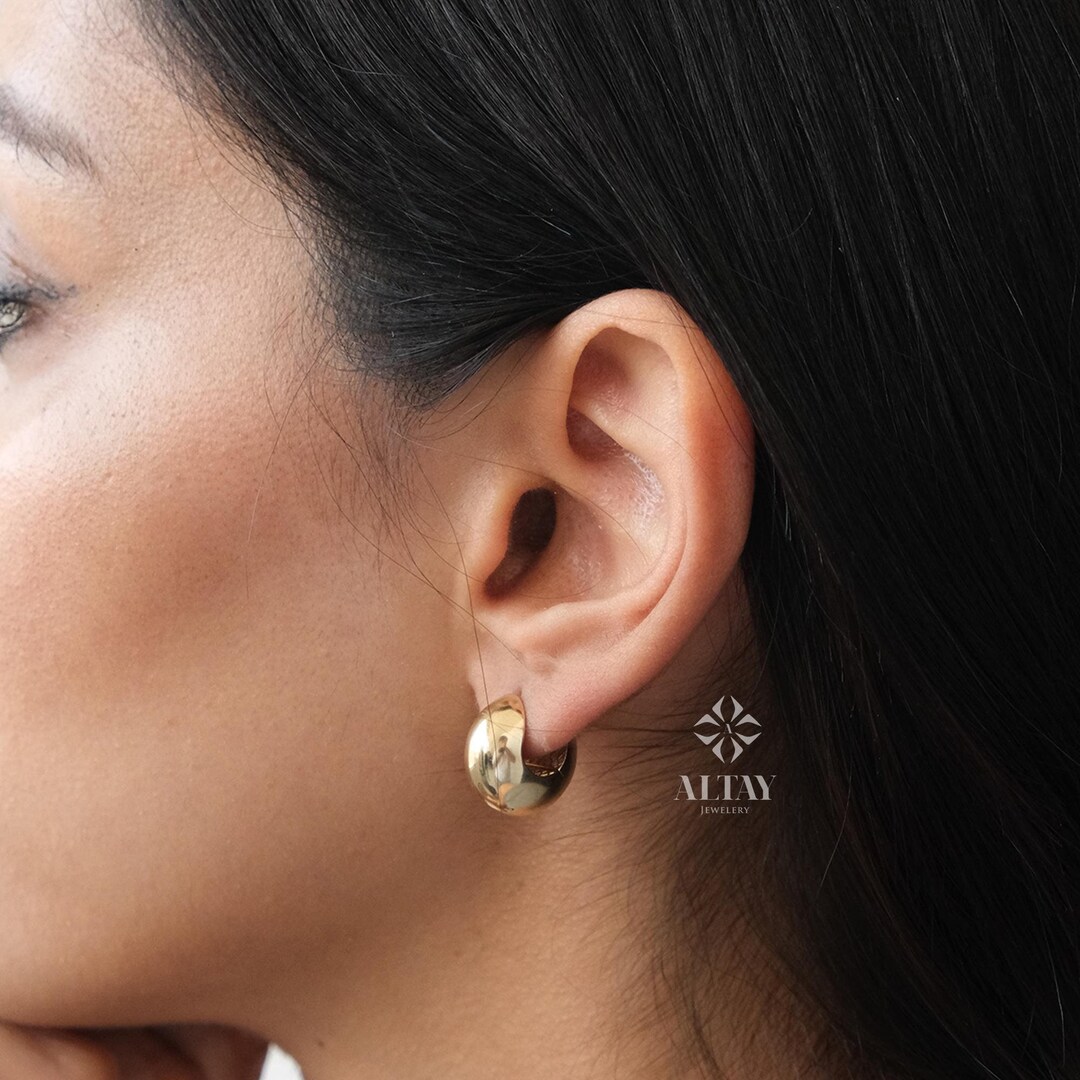 14K Gold Dome Huggie Earrings, Plain Huggie Hoop Earrings, Gold Dome ...