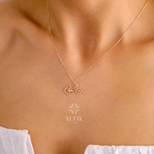 14K Solid Gold Bike Pendant, Cute Bicycle Necklace, Sports Jewelry ...