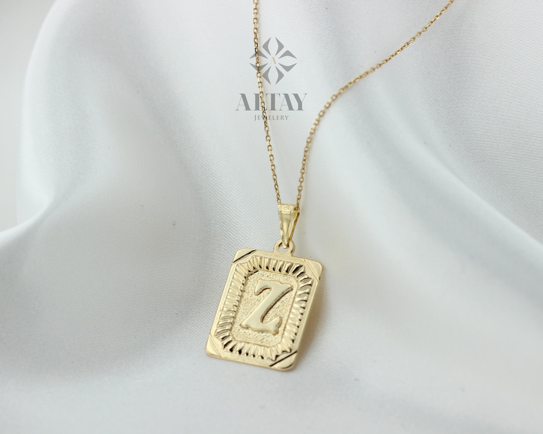14K Gold Initial Necklace, Gold Letter Necklace, Square Block Letter ...