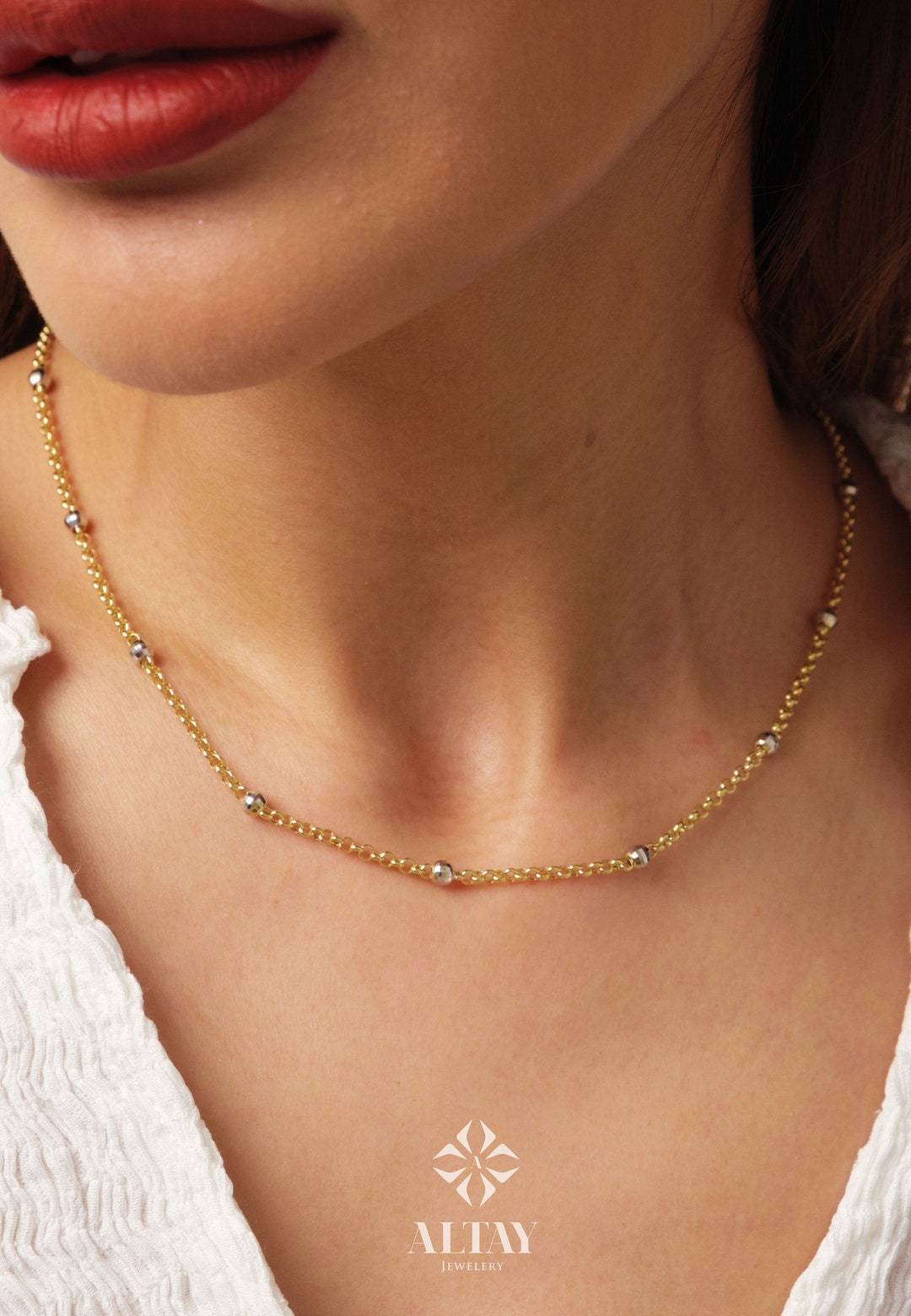 14K Gold Bead Chain Necklace, Two Tone Balls Necklace, Multi Balls Rolo ...