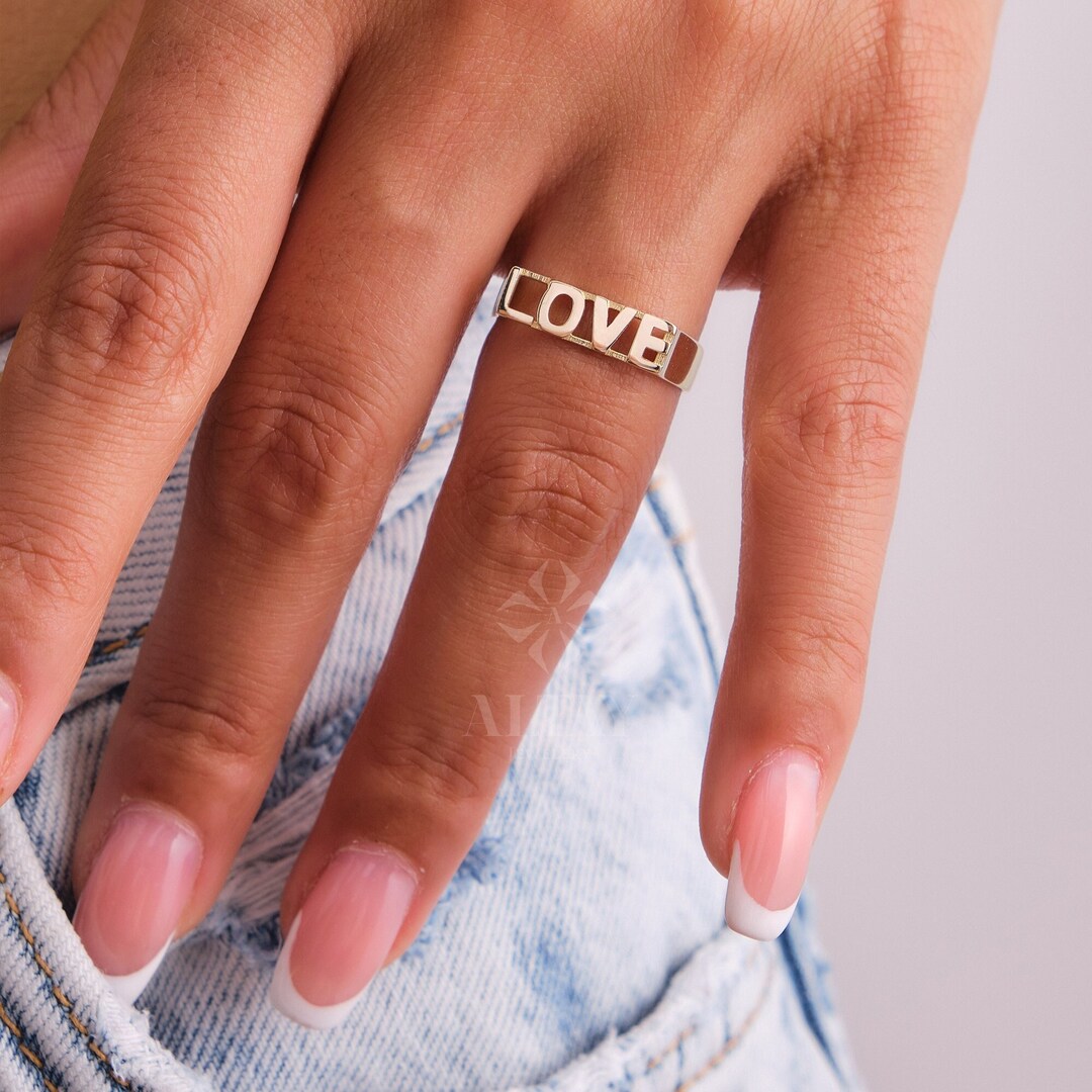 14K Gold Love Ring Love Word Signet Ring Stackable Love - Etsy
