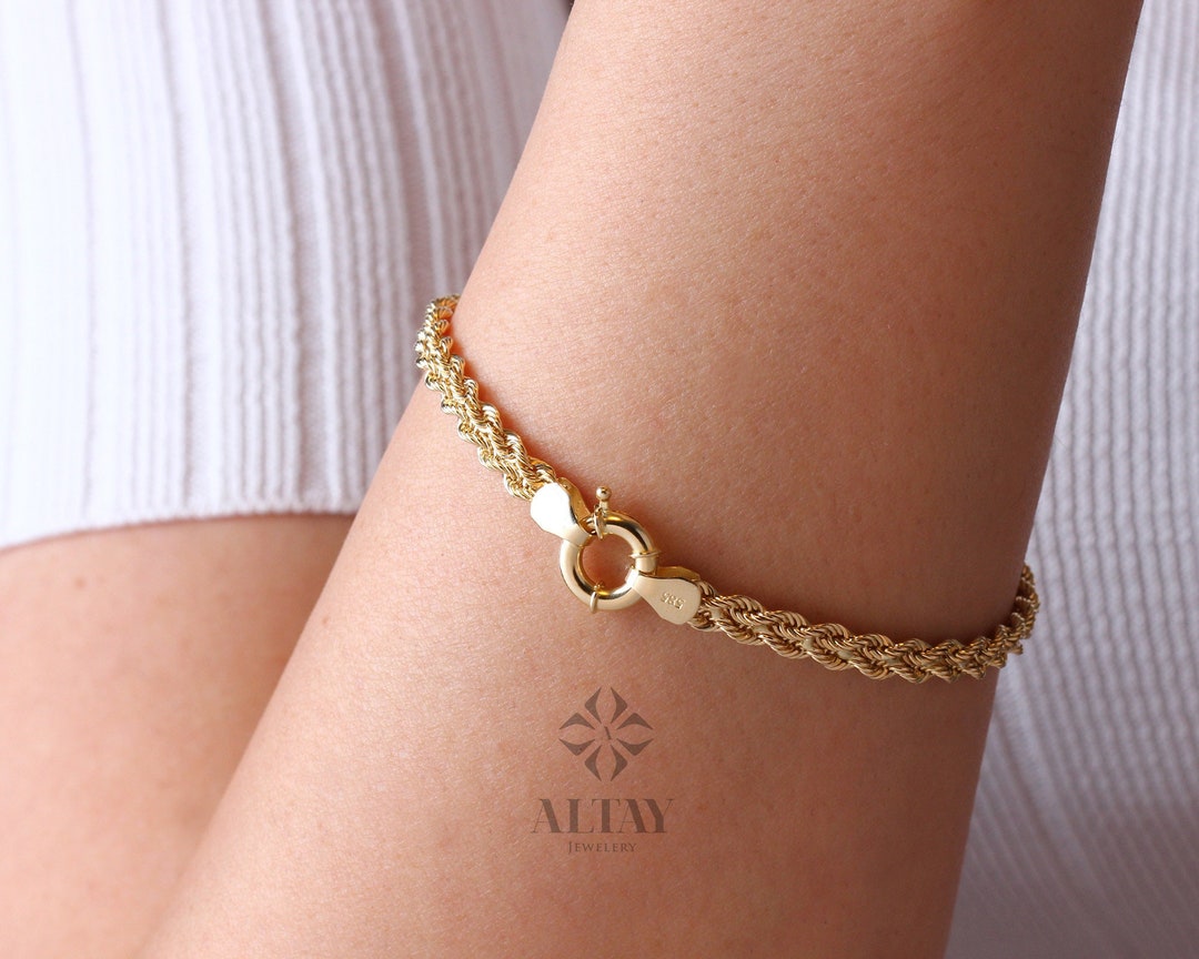 14K Solid Gold Rope Chain Bracelet, 4.7mm Dainty Rope Bracelet, Unisex ...