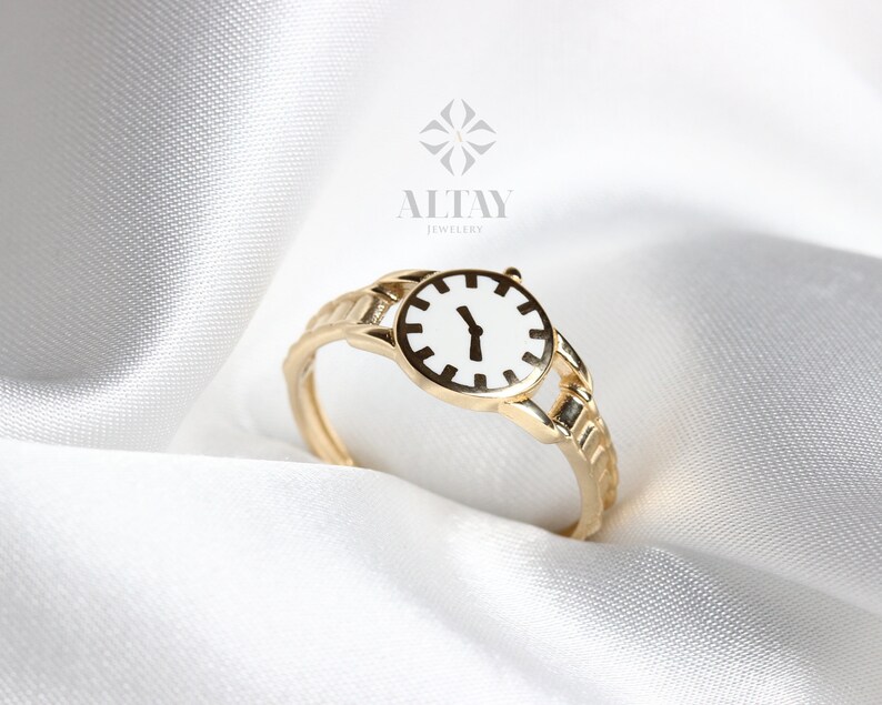 14K Gold Watch Ring, Round Clock Ring, Dainty Ring, Personalized Ring ...