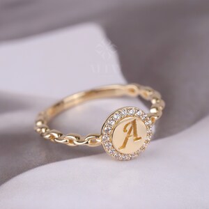 14K Gold Initial Ring, Round Signet Ring, Engraved Pinky Ring, Personalized Stacking Ring, Chain ...