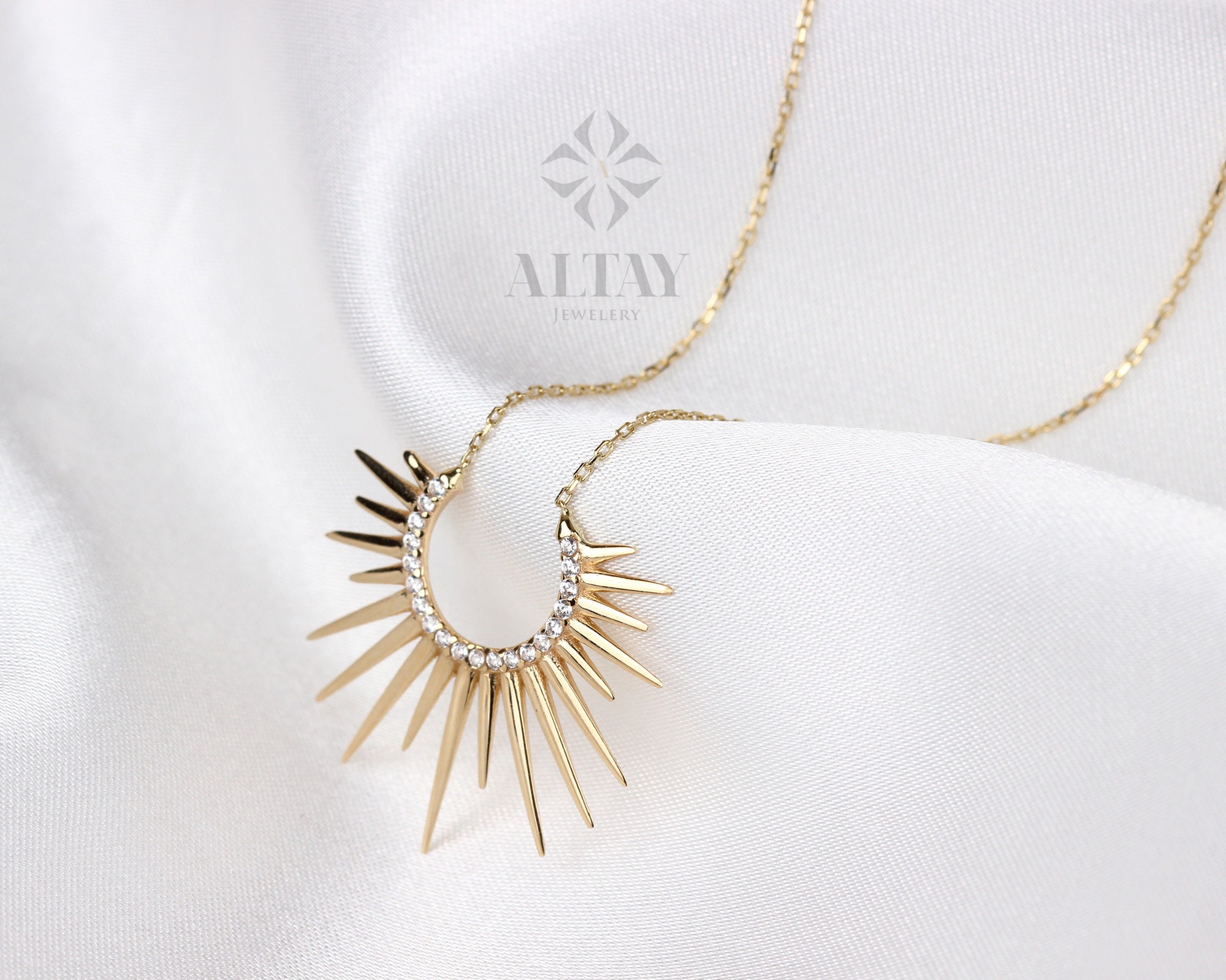 14K Gold Sunburst Necklace, Spikey Gold Sun Pendant, Celestial Layering ...