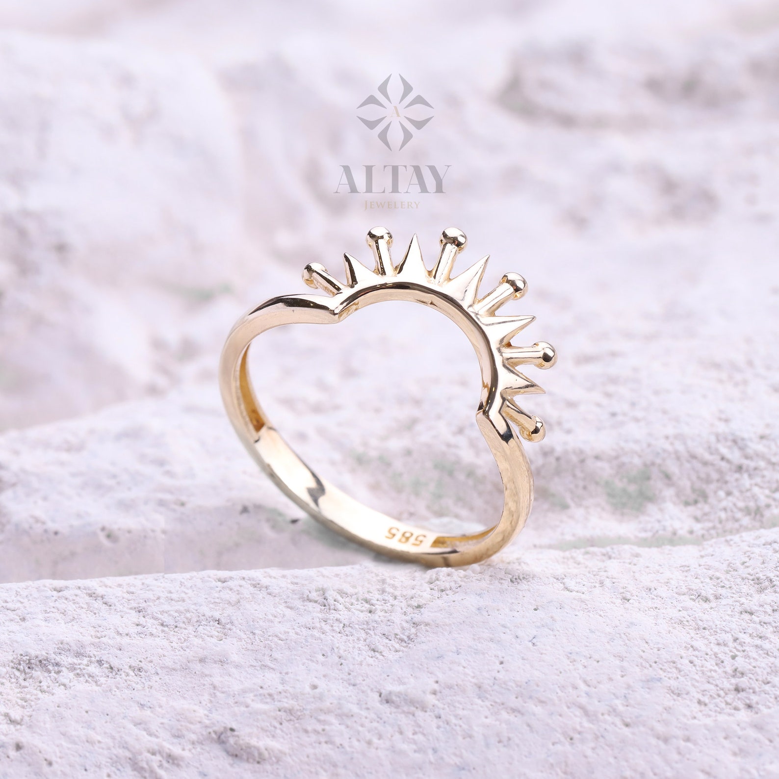 14K Gold Sunshine Ring, Half Sunburst Ring, Rising Sun Ring, Gold Crown ...