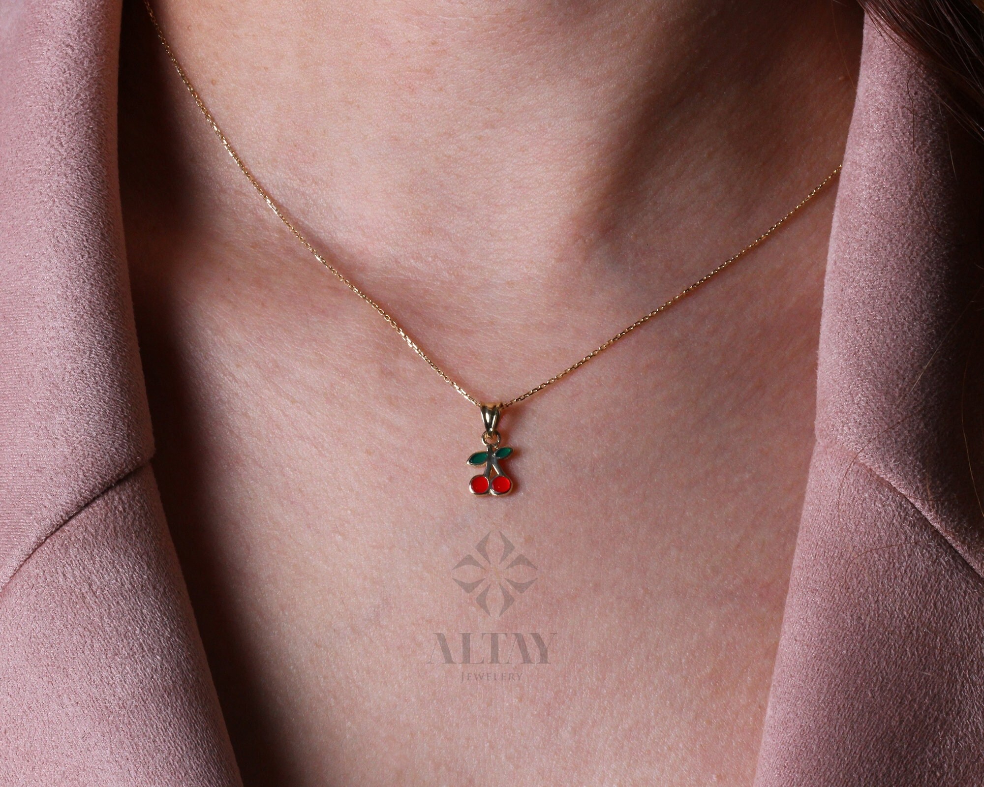 14K Gold Cherry Necklace Dainty Cherries Pendant Layering - Etsy