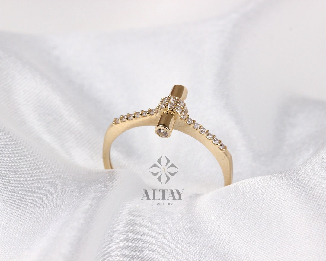 14K Gold Cylinder Bar Ring, Vertical Line Ring, Baguette T Bar ...