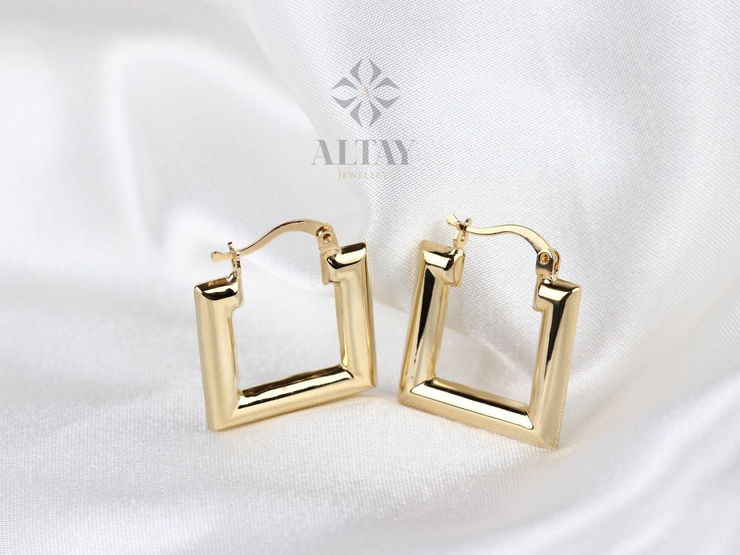 14K Gold Square Hoop Earring, Gold Geometric Huggie, Rectangle Hoop ...