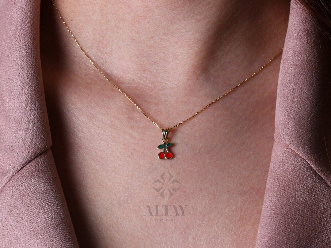 14K Gold Cherry Necklace, Dainty Cherries Pendant, Layering Chain Charm ...
