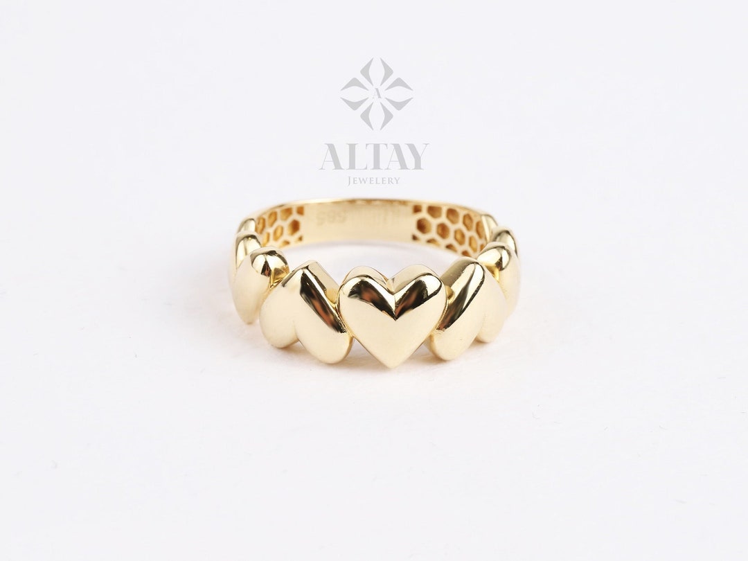 14K Gold Heart Ring, Puffy Heart Love Ring, Multi Heart Band Ring ...