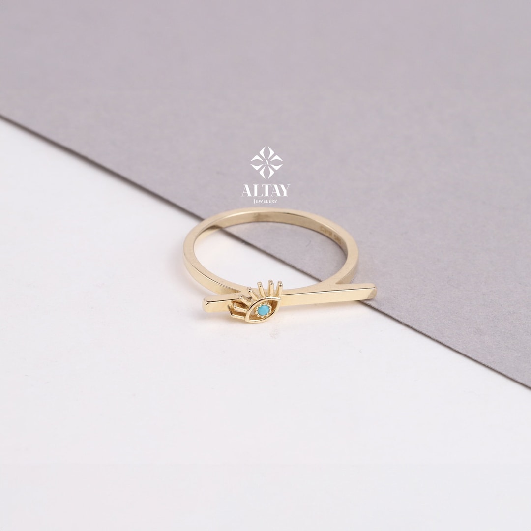 14K Gold Evil Eye Bar Ring, Signet Bar Ring, Personalized Name Ring ...