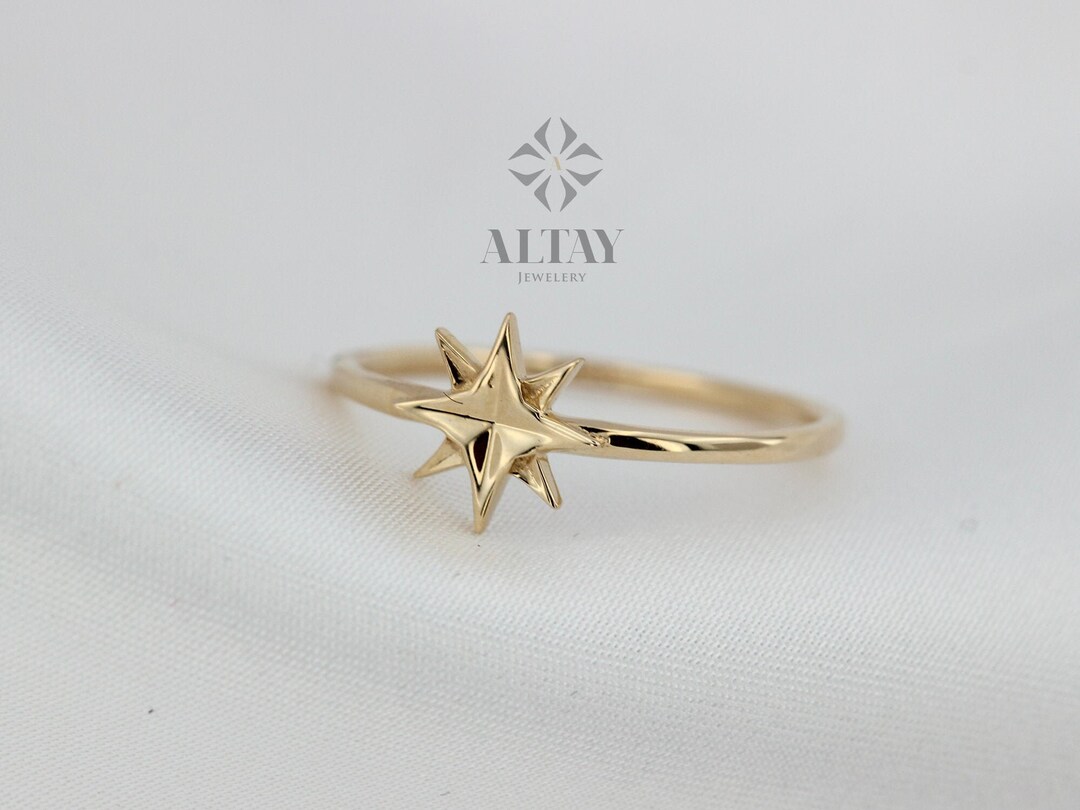 14K Solid Gold North Star Ring, Star Stackable Ring, Dainty Star Ring, Gold Starbust Ring ...