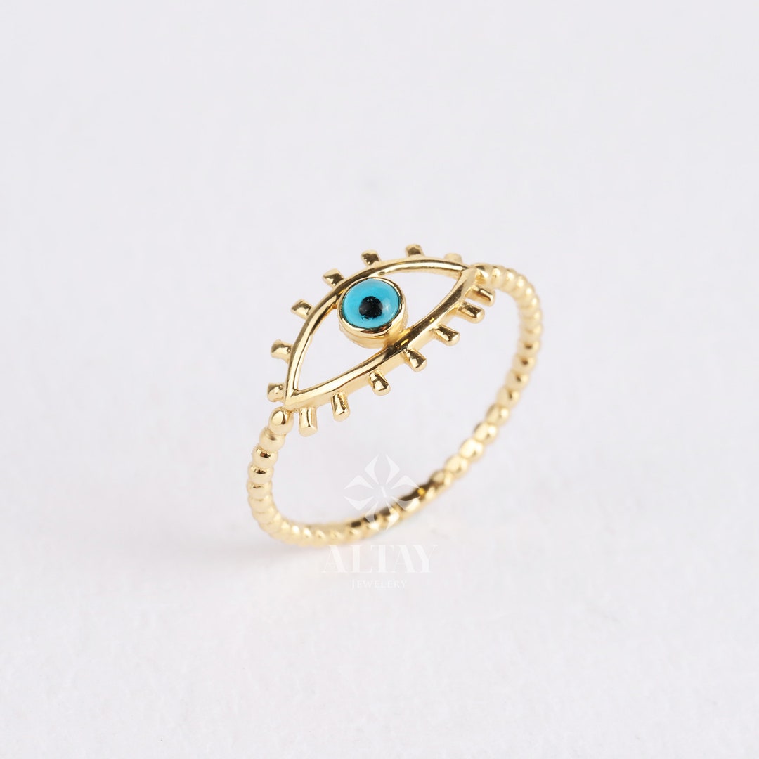 14K Gold Evil Eye Ring, Evil Eye Protection Ring, Tiny Evil Eye Band ...