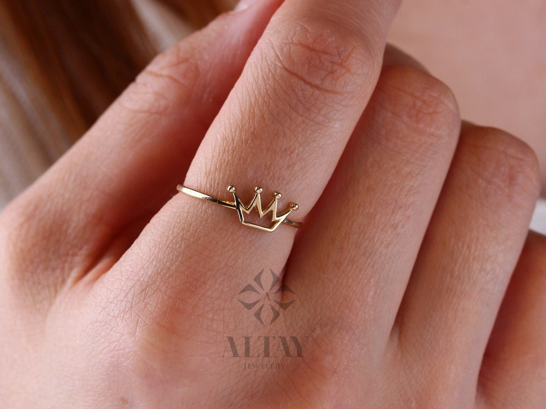 14K Gold Crown Ring, Crown Band Ring, Princess Crown Wedding Ring, Dainty Stacking Ring, Vintage ...