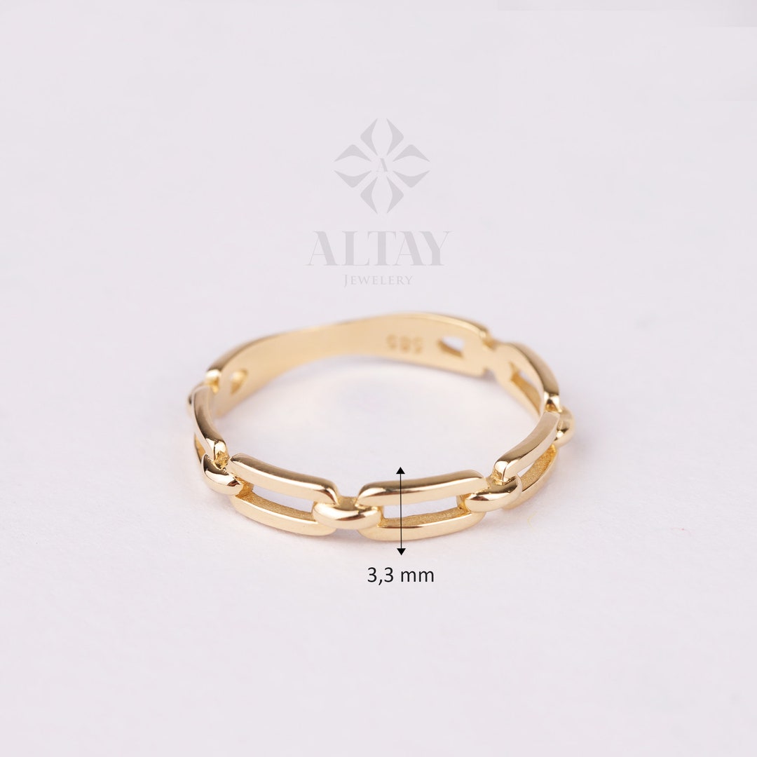 14K Gold Chain Ring, Paperclip Chain Band, Rectangle Long Chain Ring ...