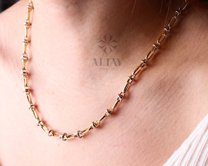 14K Gold Two Tone Chain Necklace Oval Chain Choker Rectangle - Etsy