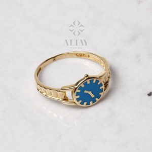 14K Gold Watch Ring, Round Clock Ring, Dainty Ring, Personalized Ring ...