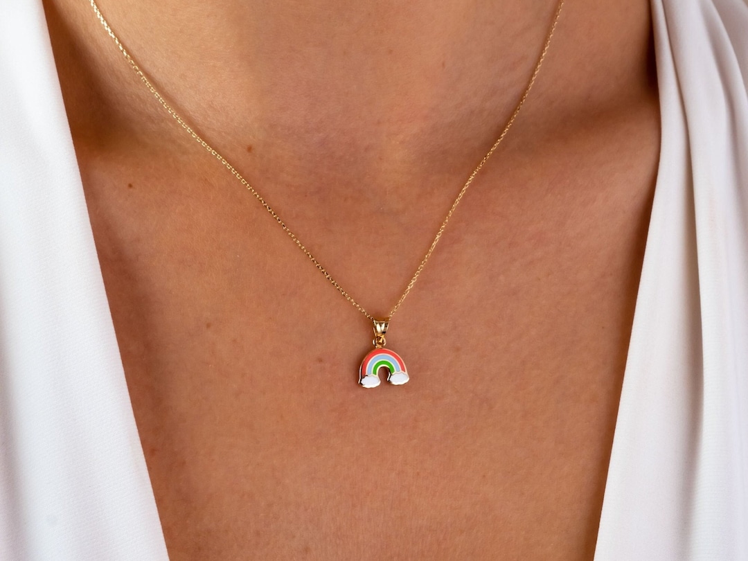 14K Gold Rainbow Necklace, Rainbow Pendant Necklace, Dainty Gold ...