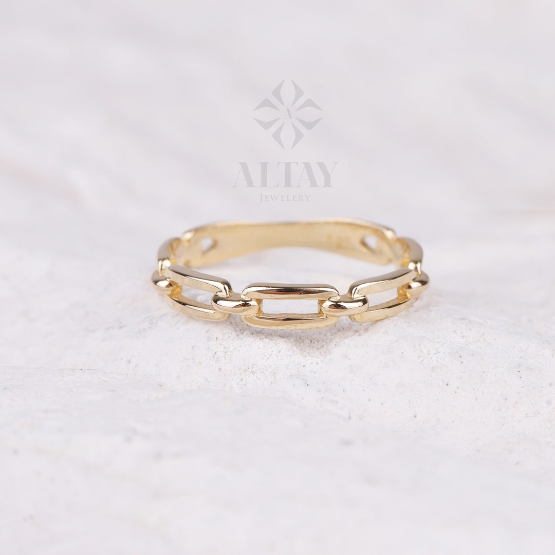 14K Gold Chain Ring, Paperclip Chain Band, Rectangle Long Chain Ring ...
