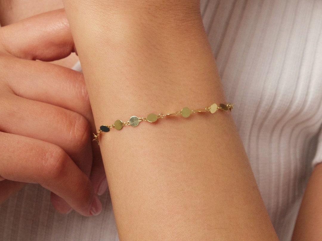14K Solid Gold Mirror Chain Bracelet, 3mm Sequin Bracelet, Elegant ...