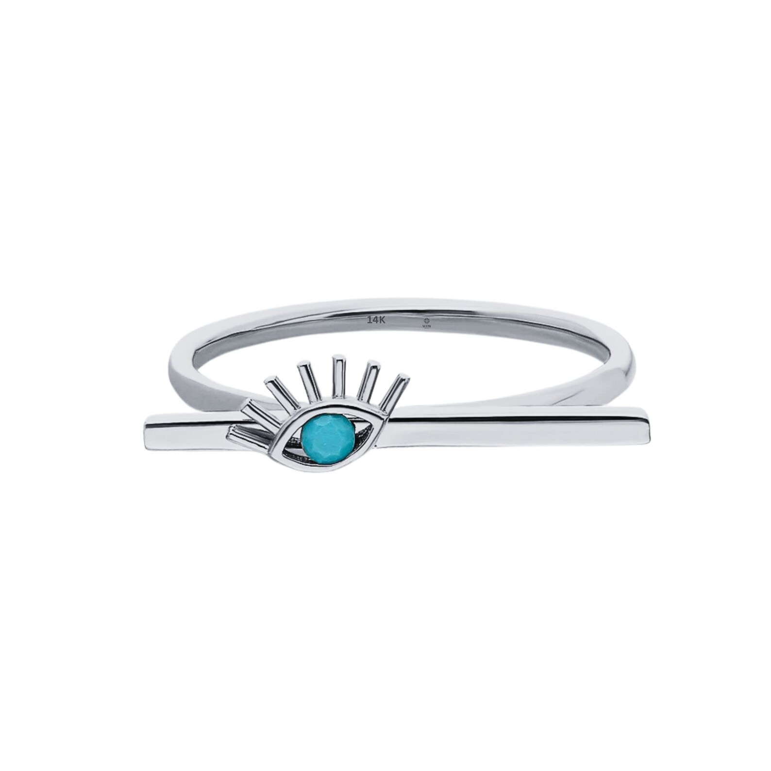 14K Gold Evil Eye Bar Ring, Stackable Dainty Ring, Turquoise Ring, Good ...