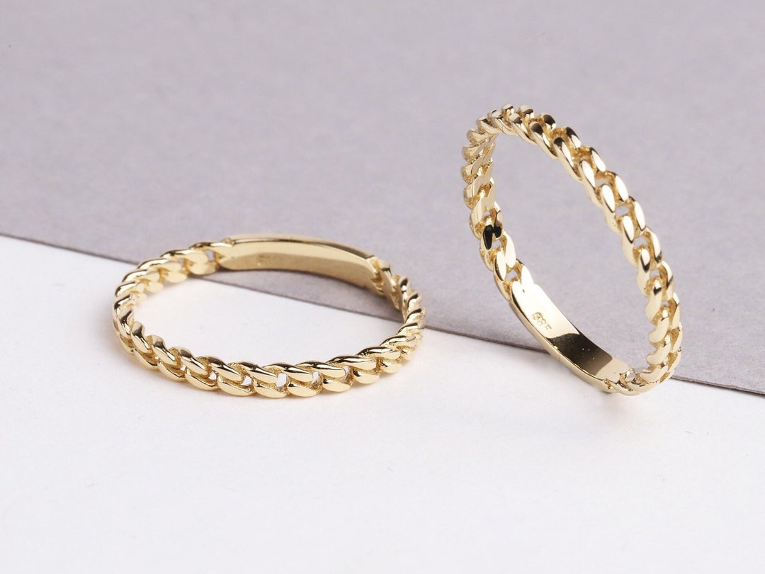 14K Gold Chain Ring, 2MM Cuban Link Ring, Thin Chain Curb Ring, Cuban ...