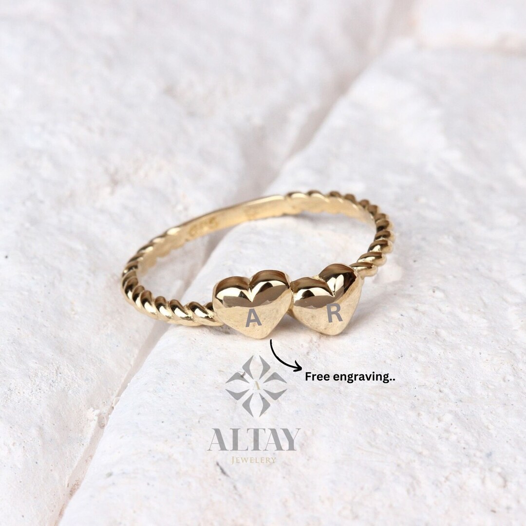 Buy 14K Gold Heart Ring, Tiny Hearts Stacking Ring, Double Heart Dainty Ring, Custom Heart Ring ...
