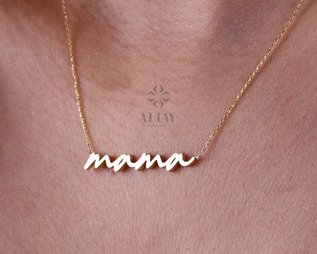 14K Solid Gold Mama Necklace, Custom Made Mama Pendant, Delicate Mom ...