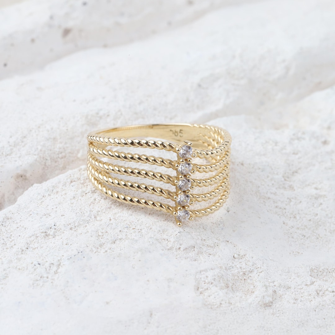 14K Gold 5 Stone Wedding Ring, Braided Band, Promise Anniversary Ring ...