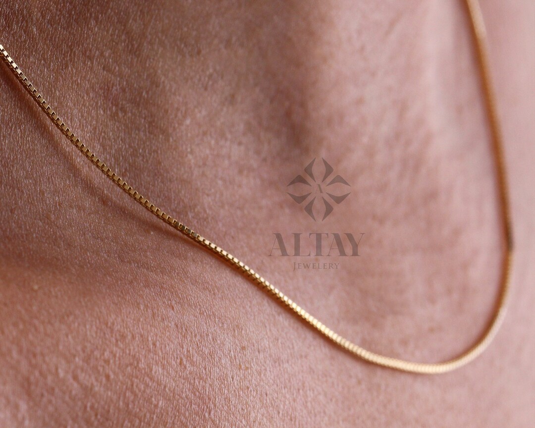 14K Solid Gold Box Chain Necklace, 0.7 Mm Box Chain Choker, Dainty ...