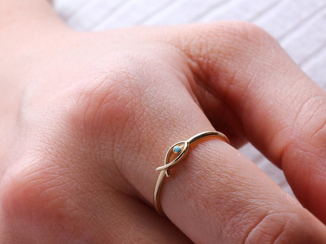 14K Gold Fish Ring, Ichthus Fish Minimal Ring, Turquoise Dainty Gold ...