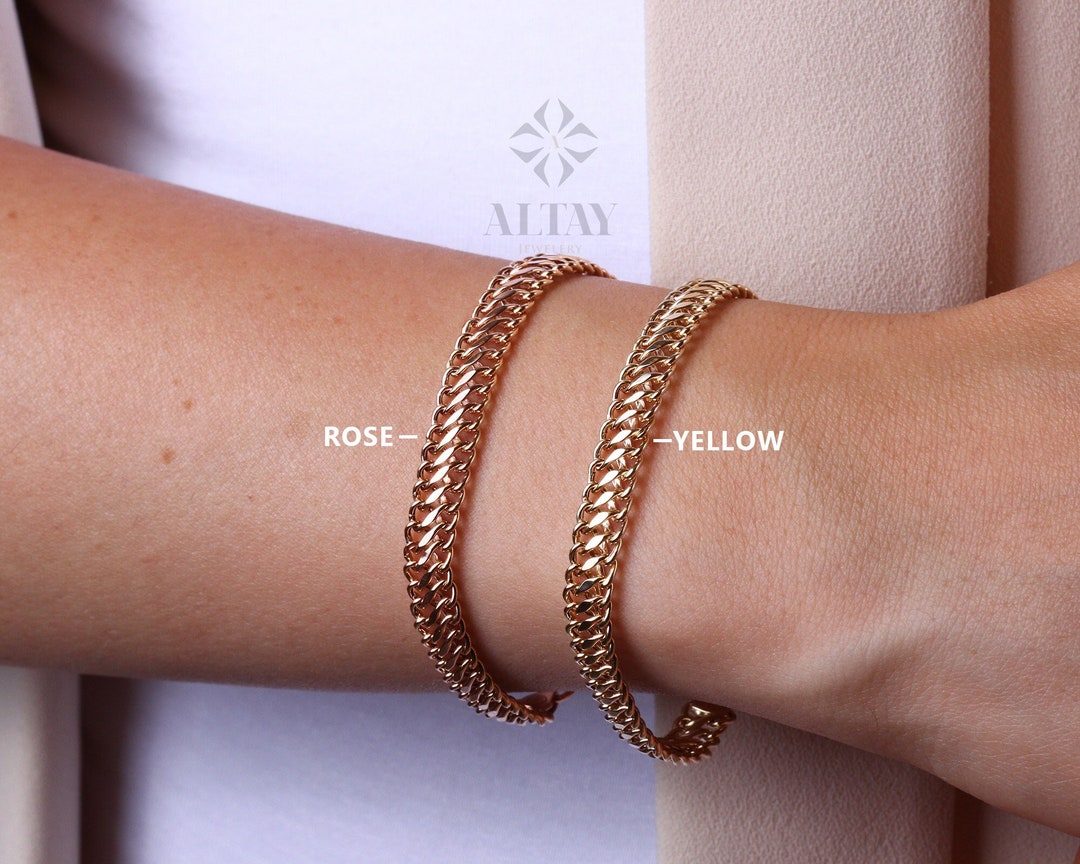 14K Gold Double Curb Chain Bracelet, 8mm Vienna Chain Bracelet, Daily ...