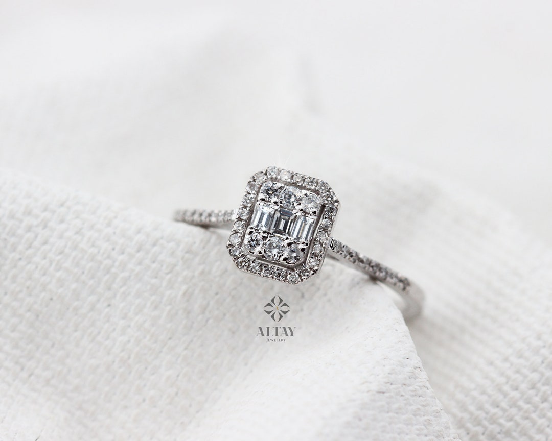 14K Gold Baguette Diamond Ring, Brilliant Diamond Engagement Ring ...