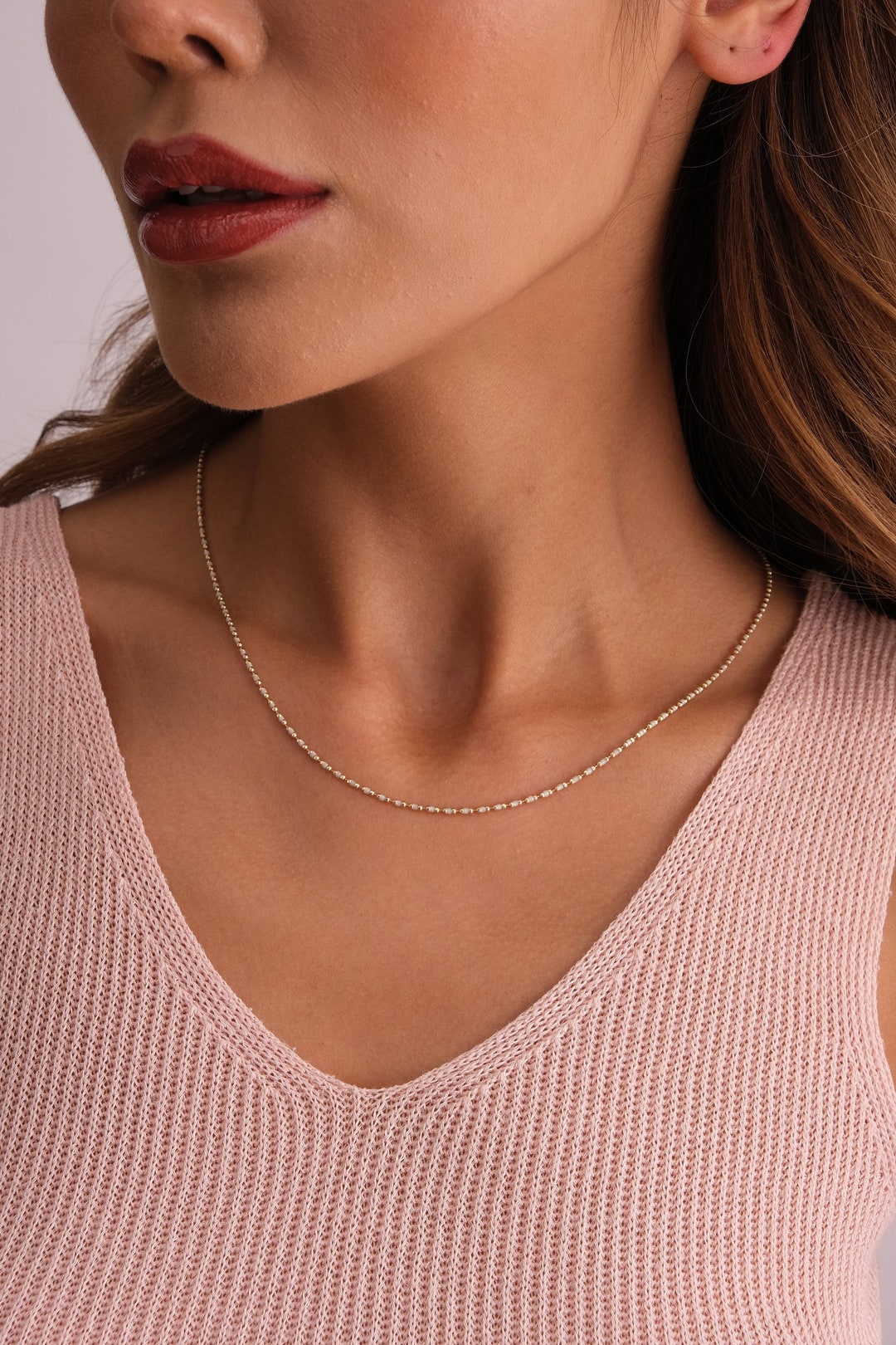 14K Gold Beaded Chain Necklace, Italian Ball Bead Choker, Layering ...