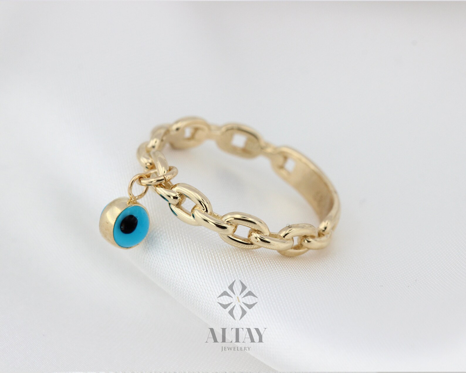 14K Gold Evil Eye Link Ring, Evil Eye Charm Ring, Good Luck Symbol ...