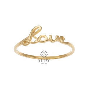 14K Gold Love Ring, Cursive Love Word Signet Ring, Stackable Love Ring, Dainty Script Love Ring ...