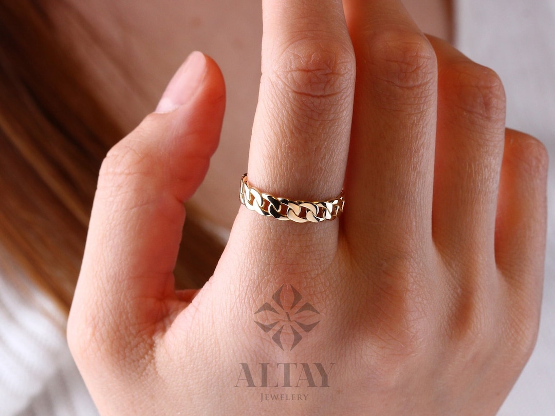 14K Gold Chain Ring, Cuban Link Ring, Thick Chain Curb Ring, Bold Chain ...