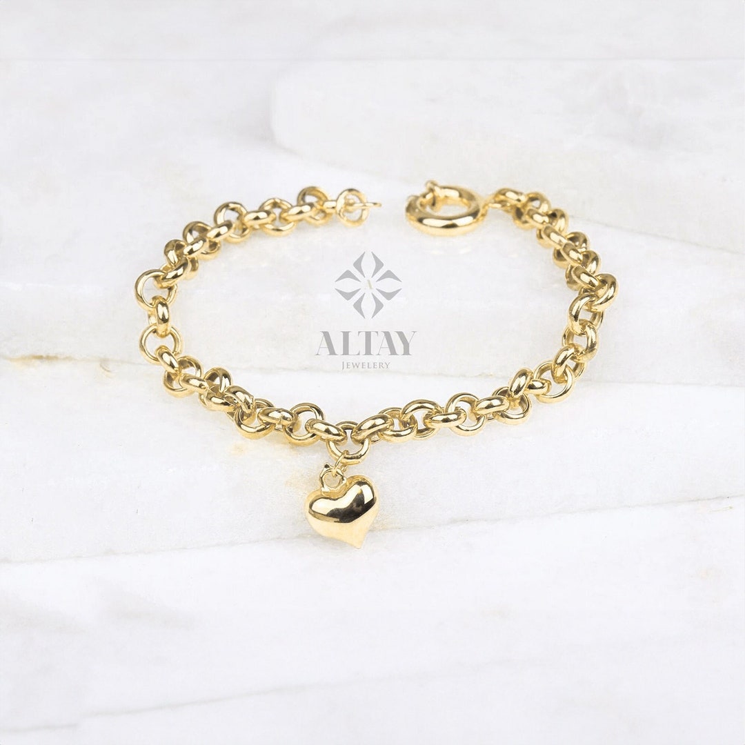 14K Gold Rolo Chain Bracelet, 5mm Rolo Chain Heart Charm Bracelet ...