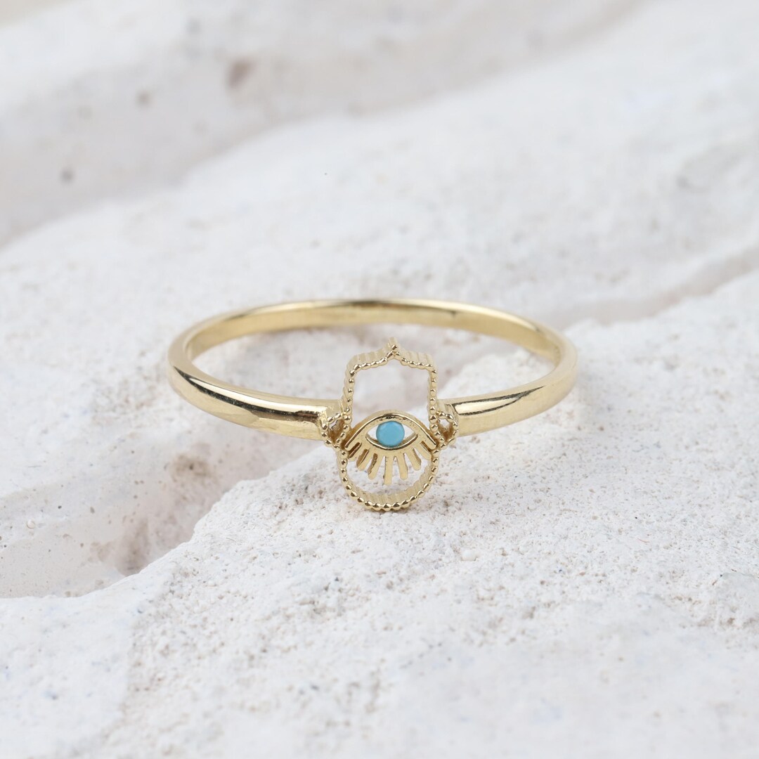 14K Gold Hamsa Hand Ring, Hand of Fatima, Gold Protection Ring ...