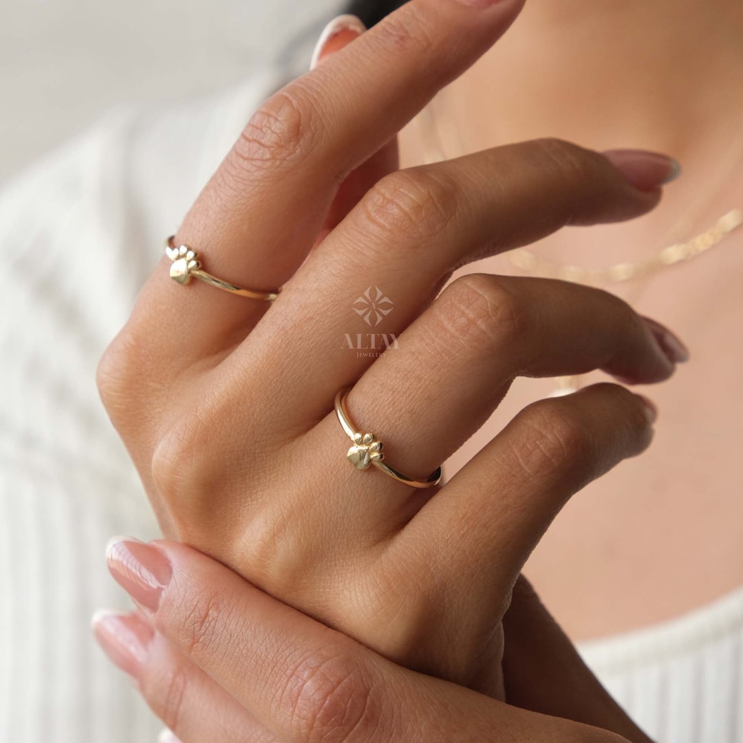 14K Gold Paw Print Ring, Puppy Paw Ring, Small Dog Cat Lover Charm Ring ...