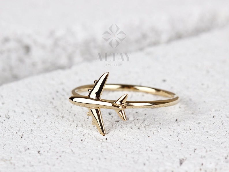 14K Solid Gold Airplane Ring, Aviation Gifts, Plane Gold Ring, Female ...